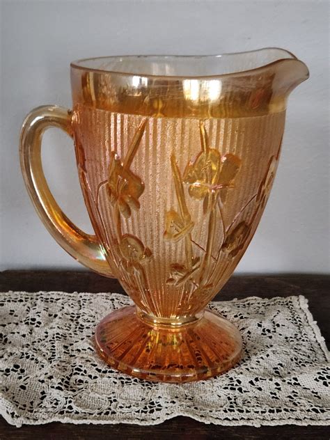 Orange Carnival Glass Iris Pattern Pitcher Etsy