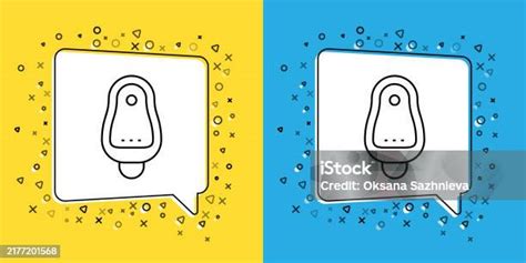 세트 라인 화장실 소변기 또는 Pissoir 아이콘은 노란색과 파란색 배경에 고립되어 있습니다 남성 화장실의 소변기 화장실 화장실 화장실 벡터 공공건물에 대한 스톡 벡터