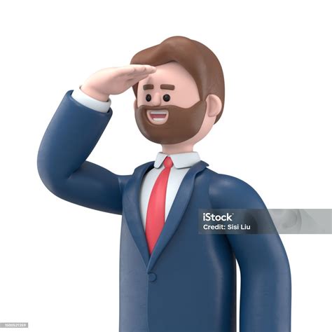 턱수염을 기른 미국 사업가 밥이 이마에 손을 대고 서서 먼 거리를 바라보고3d 흰색 배경에 렌더링하는 3d 그림 색상 이미지에