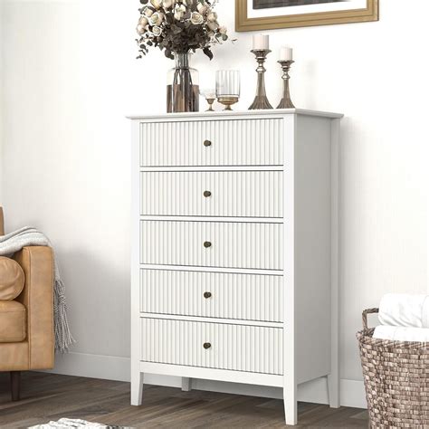 Heynemo Fluted 5 Drawers Dresser For Bedroom White Tall Storage