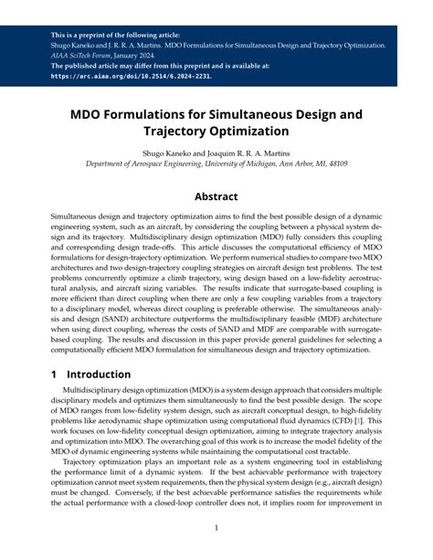 pdf mdo formulations for simultaneous design and trajectory optimization