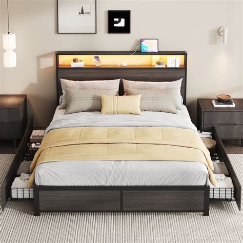 Lifezone Queen Size Bed Frame With 2 Tier Bookcase Headboard Platform