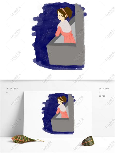 곱슬 소녀의 야경을 바라 보는 발코니의 손으로 그리는 인물은 상업적 요소가 될 수 있습니다 일러스트 Png 및 벡터 이미지