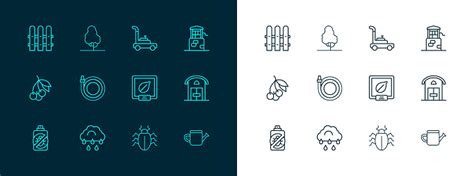 세트 라인 글쎄 비와 구름 특정 식물의 씨앗 콜로라도 딱정벌레 정원 호스 잔디 깎는 기계 울타리 나무 및 과일 나무 아이콘 벡터 감자 요리에 대한 스톡 벡터 아트 및 기타