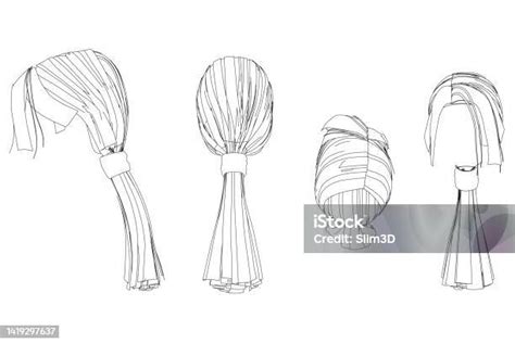 흰색 배경에 고립 된 검은 선에서 탄력있는 밴드로 묶인 포니 테일이있는 여성 헤어 스타일의 윤곽선으로 설정됩니다 긴 여성 머리카락 전면 측면 후면 상단보기 벡터