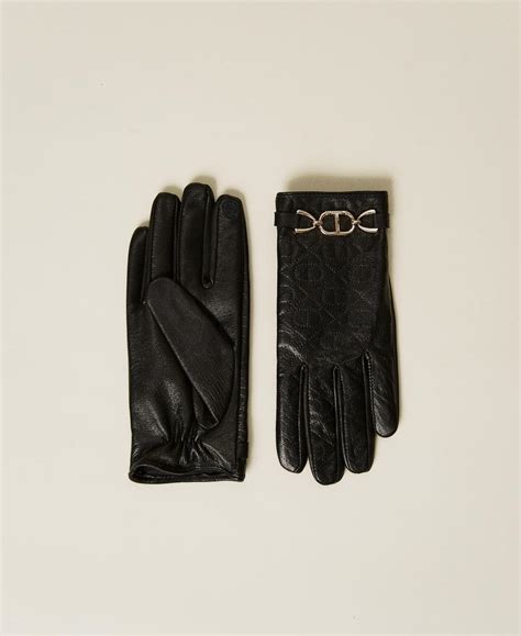 Leather Gloves With Oval T Logo Woman Black Twinset Milano
