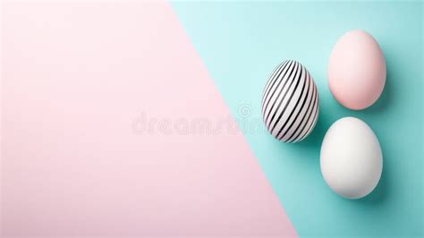Happy Easter Three Pastel Colored Easter Eggs With Intricate Patterns On Pale Pink And Green