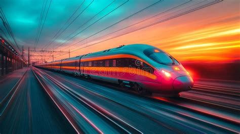Speeding High Speed Train At Sunset Generative Ai Stock Illustration