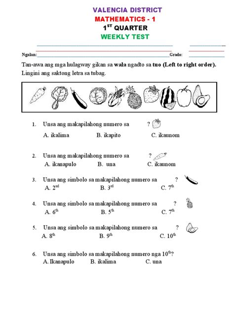 Math Weekly Test Bisaya Quarter 1 Week 7 Pdf