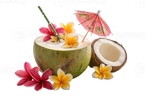 Tropical Coconut Cocktail With A Straw And Exotic Flowers 52041662 Png