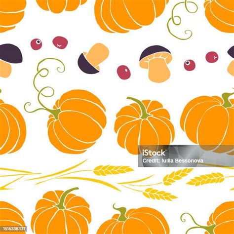 가을 수확 기호의 벡터 원활한 패턴 호박 밀 귀 딸기 플랫 스타일의 버섯 화려한 배경 질감 테마 숲 행복한 가을 추수 감사절 가을에 대한 스톡 벡터 아트 및 기타 이미지