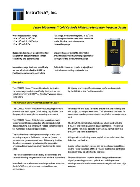 Pdf Series 500 Hornet Cold Cathode Miniature Ionization Vacuum Gauge