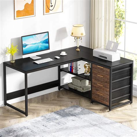 59 inch L Shaped Computer Desk with Storage Drawers for Home Office ...