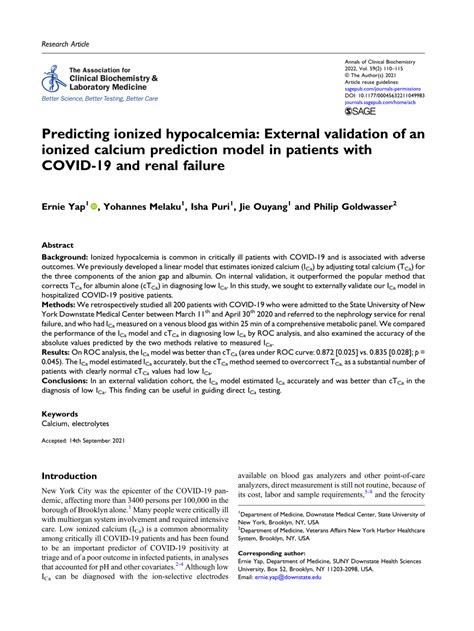 Pdf Predicting Ionized Hypocalcemia External Validation Of An Ionized Calcium Prediction