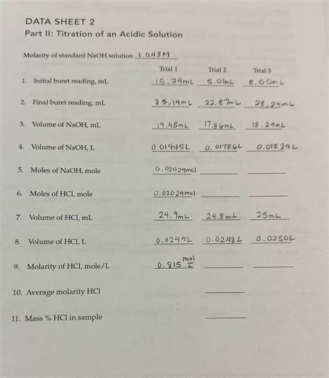 [solved] Data Sheet 2 Part Ii Titration Of An Acidic Solution Molarity Of Course Hero