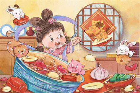 腊八节腊八粥古风女子与动物可爱治愈系插画插画图片下载 正版图片402415150 摄图网
