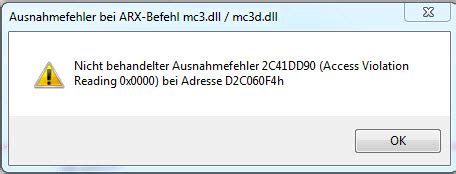Fehlermeldung Ausnahmefehler In Mc3 DLL Mc3d DLL ARX Command