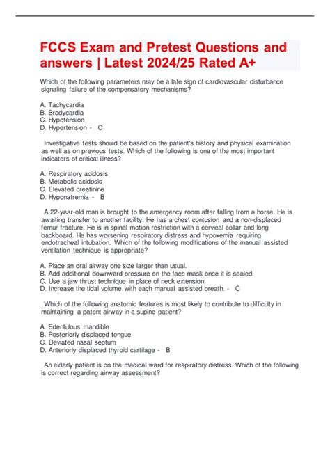 Fccs Exam And Pretest Questions And Answers Latest 2024 25 Rated A Fccs Stuvia Us