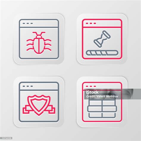 라인 mysql 코드 방패가 있는 브라우저 로딩 데이터 창 및 시스템 버그 아이콘을 설정합니다 벡터 파일에 대한 스톡 벡터 아트