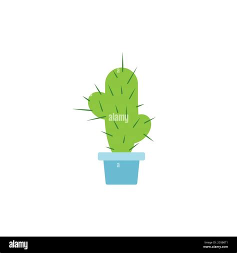 Green Cute Cartoon Cactus In Blue Pot Vector Illustration Isolated On