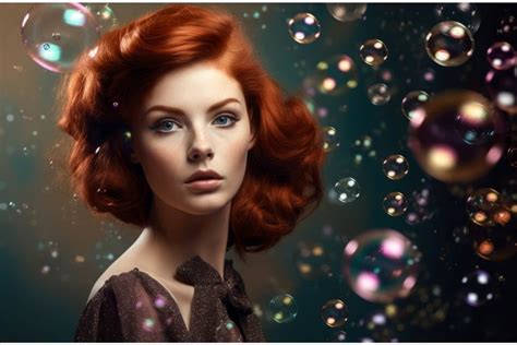 Retro Ginger Woman With Stylish Hairdo Among Soap Bubbles G