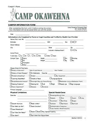 Fillable Online Camper S Name 1 CAMPER INFORMATION Dialysis