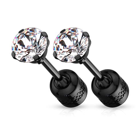 Steel Pair Prong Set Cz Gem Stud 3mm Earrings W Gem Centered Screw