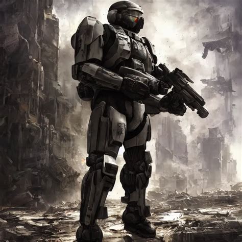 Photo Of An ODST In Battered Armor In A War Torn Stable Diffusion
