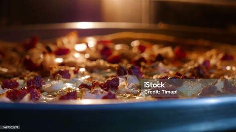 오븐에 있는 피자 팬의 클로즈업 샷 피자 앞모습 오븐에 구운 페퍼로니 피자 피자 측면 각도 피자 데이 페퍼로니 양파 모짜렐라 피자 오레가노 0명에 대한 스톡 사진 및 기타