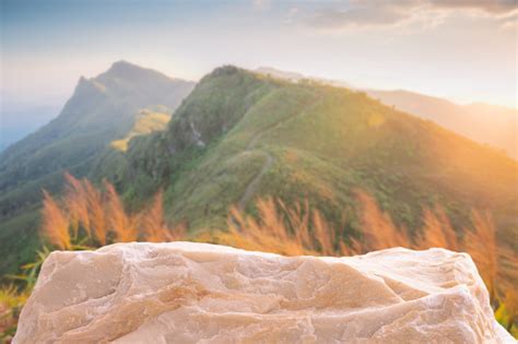 아름다운 안개 낀 산 자연 풍경 배경과 함께 황금빛 하늘 일몰 위에 야외에서 돌 연단 화장품 배치 받침대 현재 스탠드 디스플레이 여름 낙원 개념 0명에 대한 스톡 사진 및