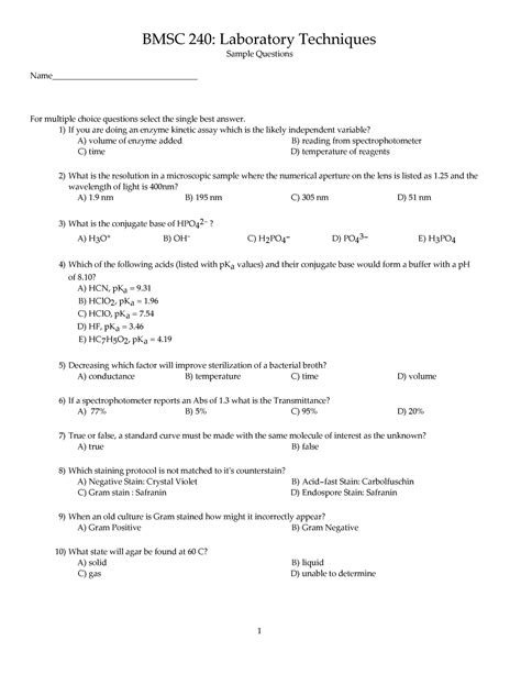 Bmsc 240 Sample Test Bmsc 240 Laboratory Techniques Sample Questions