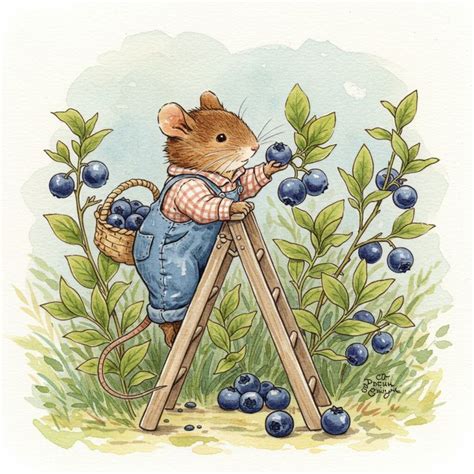 Blueberry Harvest Little Mouse Farmer Mouse In Overalls Mouse