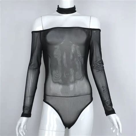 New 2016 Sexy Lady Black Mesh See Through Bodysuit Long Sleeve Slash