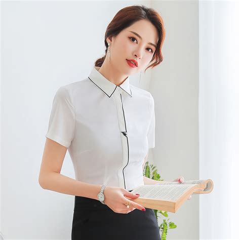 撞色衬衫短袖修身韩版套装两件套工作服女士时尚气质白领经理制服虎窝淘