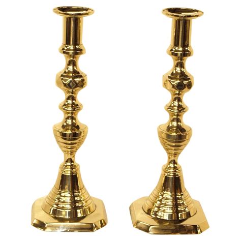Pair Of English Square Base Brass Candlesticks Circa 1760 1780 For