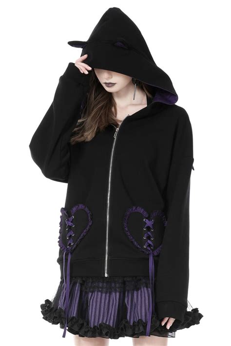 Harajuku Purple Cat Ears Bat Wing Back Hoodie Jacket Ladies Gothic