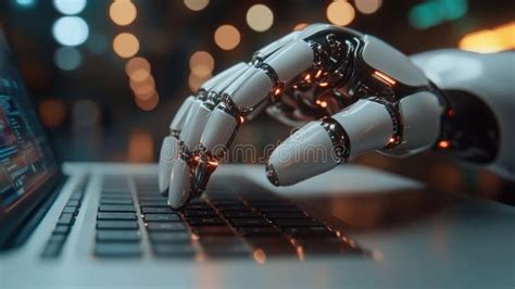 A Robotic Hand Interacts With Laptop Showcasing Advanced Technology