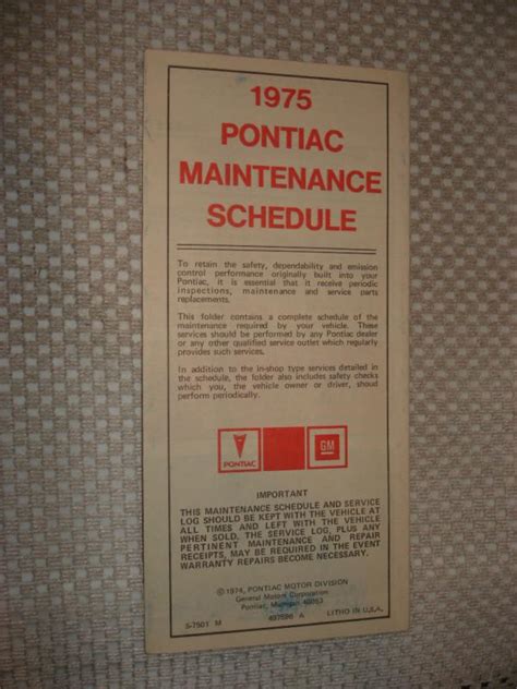 Find 1975 Pontiac Owners Maintenance Schedule Manual Firebird Wow In
