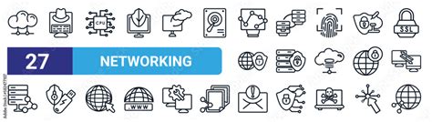 Set Of 27 Thin Line Networking Icons Such As Cloud Spyware Processor