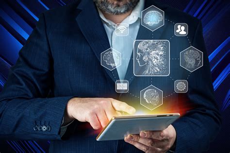인공 지능 Ai 챗봇 개념 태블릿을 사용하는 사업가의 손 Ai 챗봇 인포그래픽 Brand Name Online Messaging