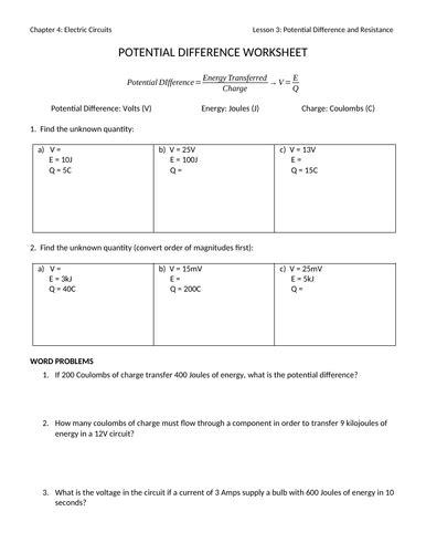 Potential Difference Worksheet With Answers Teaching Resources