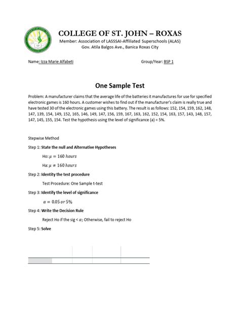 One Sample Test Pdf