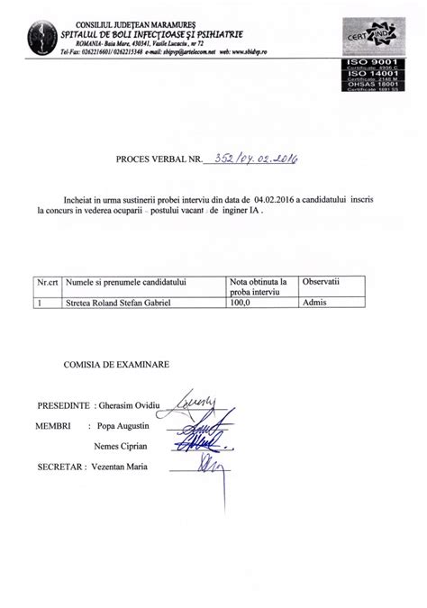 Proces Verbal Incheiat In Urma Sustinerii Probei Interviu La Concursul In Vederea Ocuparii