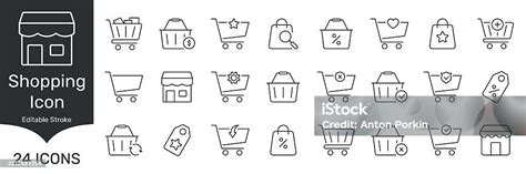 쇼핑 카트 및 상점 전선 아이콘 세트 전자 상거래 소매 및 온라인 쇼핑 개요 기호 컬렉션 할인 검색 및 보안 기능 편집 가능한 스트로크 고립 된 벡터 일러스트 레이 션