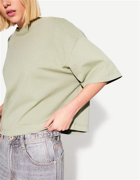 Kaus Lengan Pendek Boxy Fit Katun Berat Bsk Teen Bershka