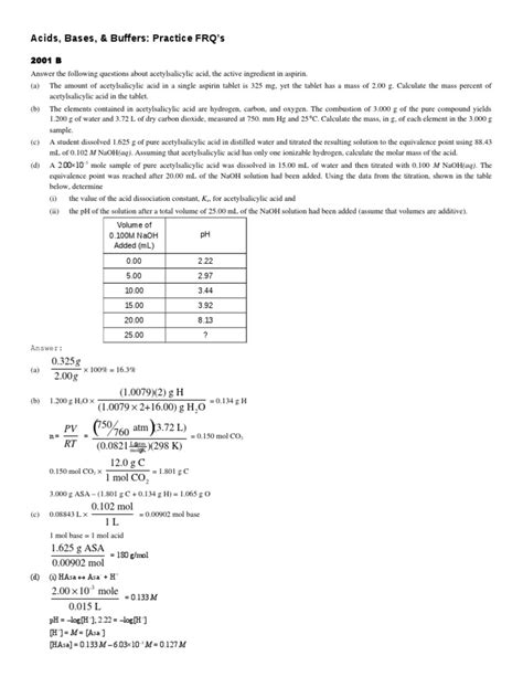 Acids Bases Buffer Practice Frq Pdf Acid Ph