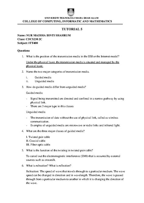 Tutorial 5 Itt400 UNIVERSITI TEKNOLOGI MARA SHAH ALAM COLLEGE OF COMPUTING INFORMATIC AND