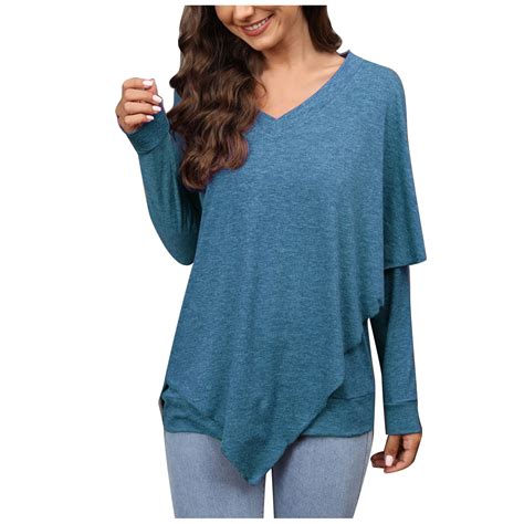 Xflwam Women Casual V Neck Long Sleeve Tops Solid Color Loose Lap