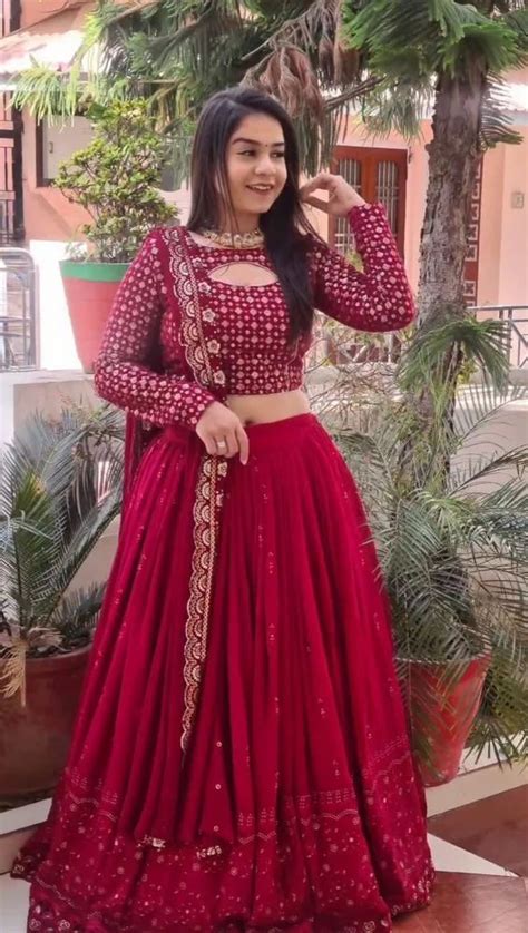 Red Color Georgette Designer Embroidered Sequence Work Lehenga Set At