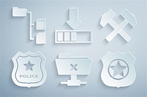 Ftp 취소 작업 두 개의 교차 망치 경찰 배지 로딩 및 폴더 트리 아이콘을 설정합니다 벡터 3차원 형태에 대한 스톡 벡터 아트